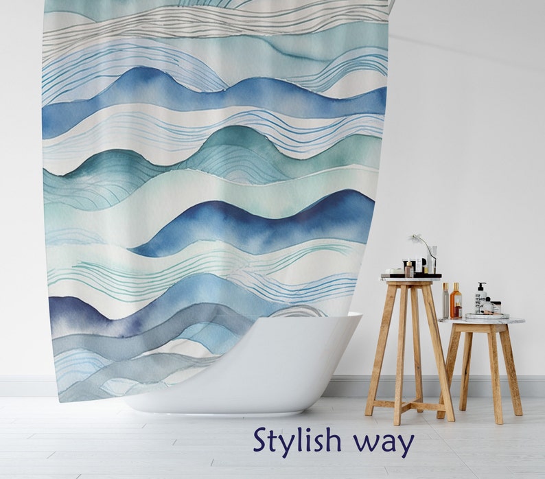 Ocean Watercolor Shower Curtain, Sea Themed Abstract Wave Decor ...