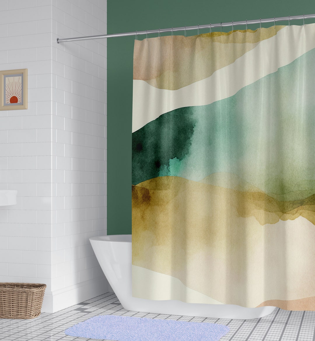 Unique Shower Curtain, Green and Beige Watercolor Abstract Art Shower ...