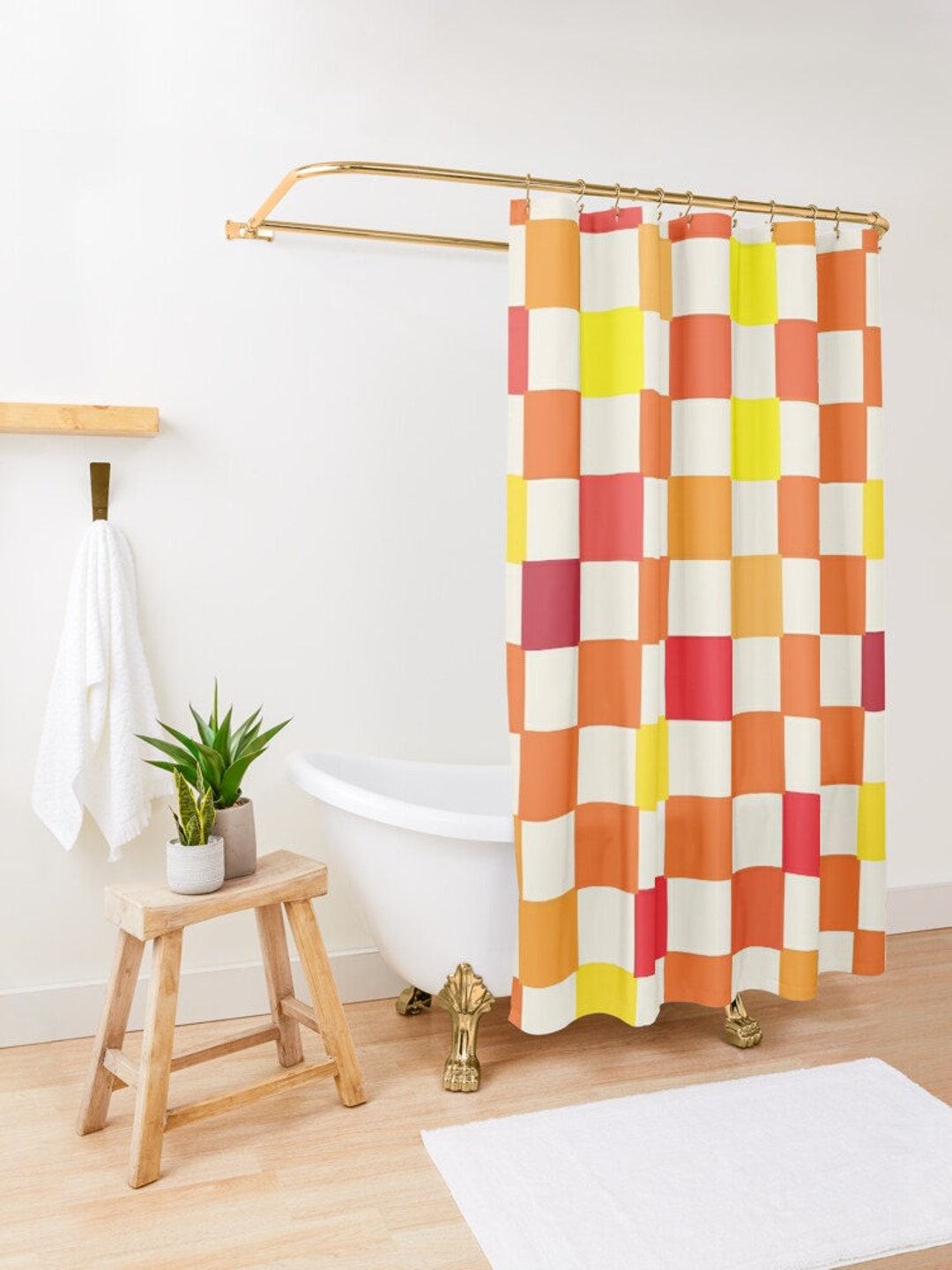Bathroom Set Shower Curtain and Rug, Cute Squares Tiles Shower Curtain ...