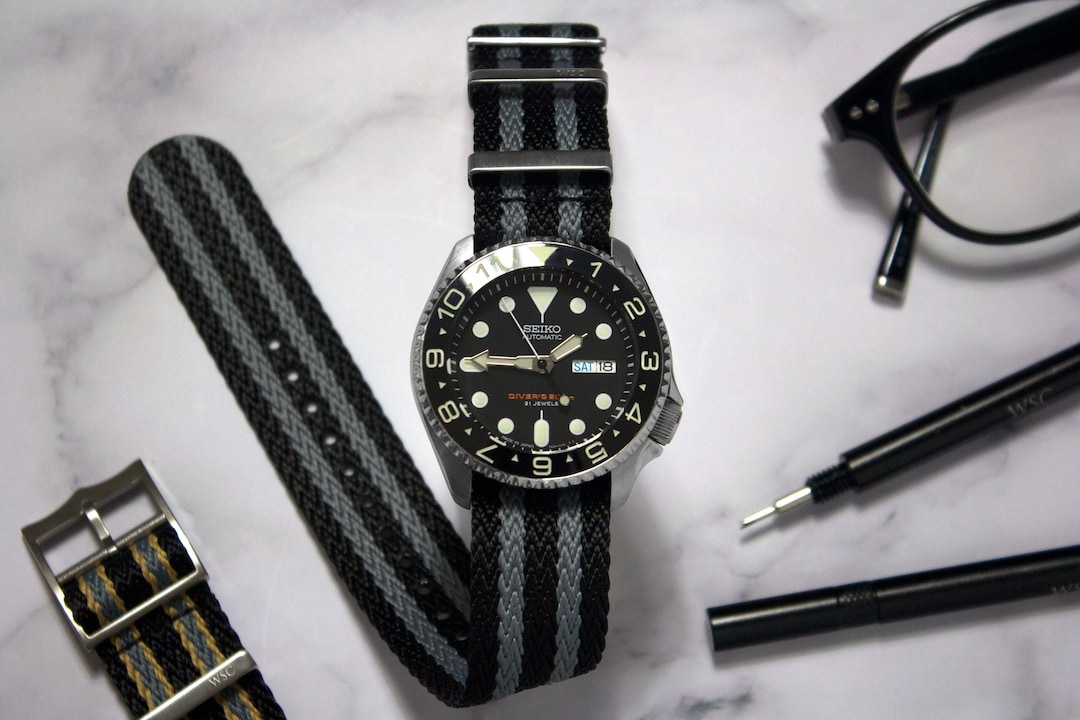 Spectre Bond Herringbone Watch Strap, Black Grey, Tudor Style Buckle ...