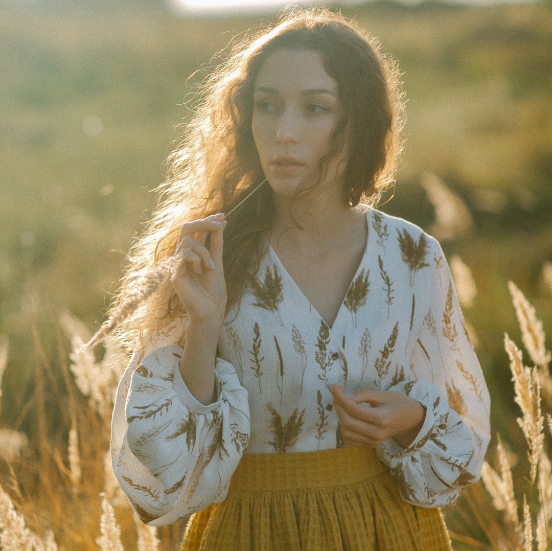 Demeter Autumn Victorian Puff Sleeve Muslin Blouse With Reeds Print ...