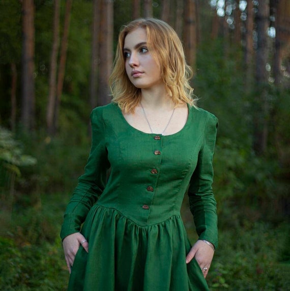 Green Fairy Forest Core Goblincore Linen Dress With Princess - Etsy