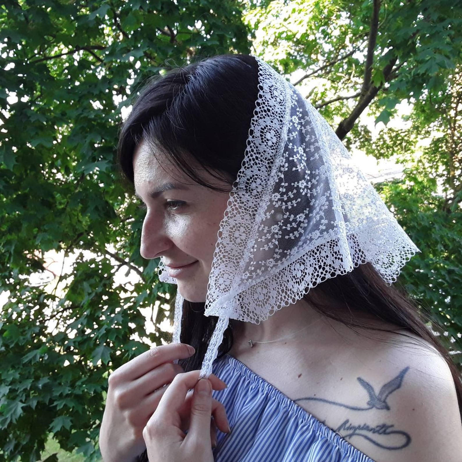 White Lace kerchief with ties Triangle head scarf Babushka | Etsy