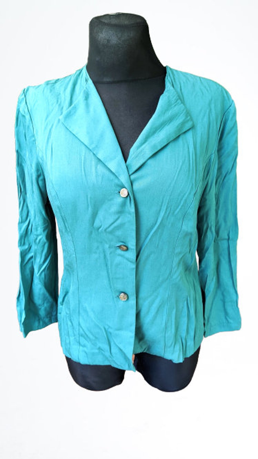 Green Blue Jacket Vintage Women Natural Fiber Cotton Size M Blazer - Etsy