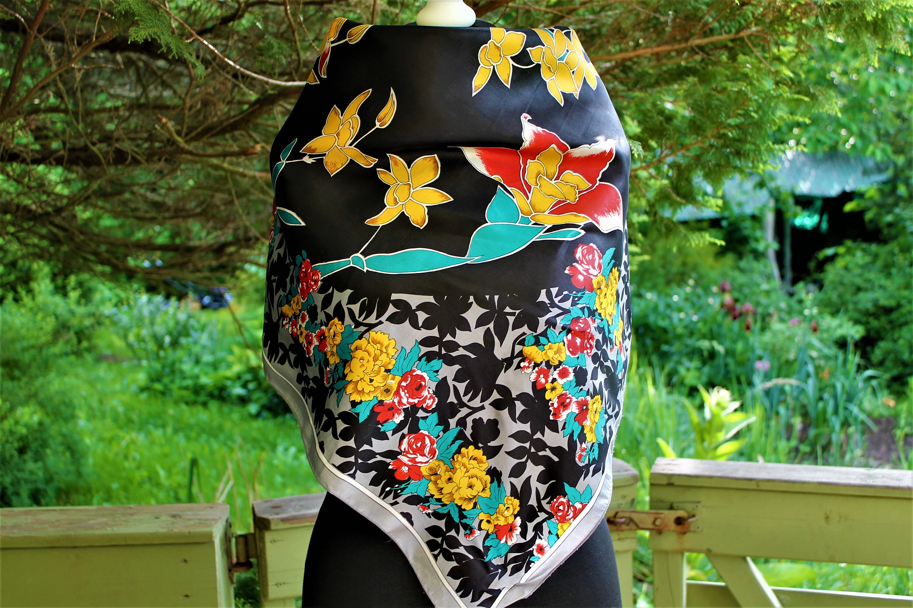 Vintage Floral Black Grey Green Yellow Scarf Women Accessory | Etsy