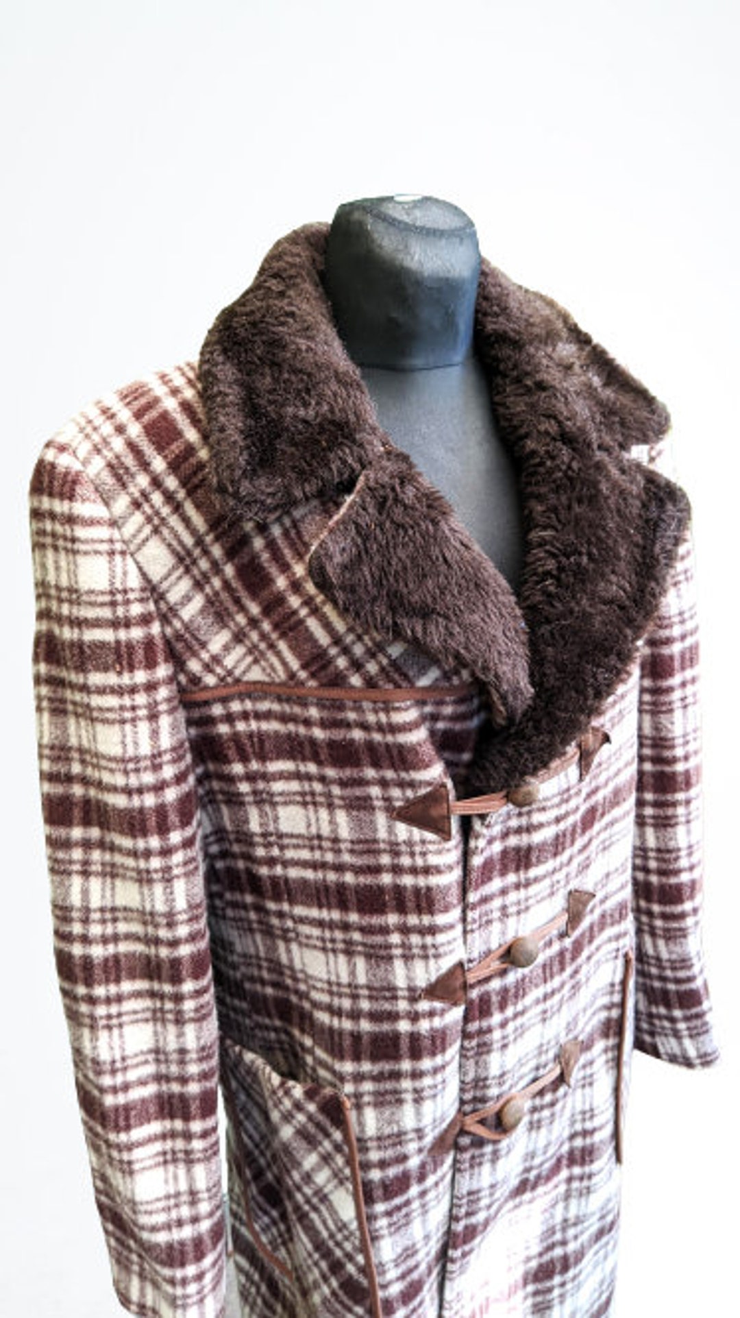 Vintage Wool Coat Men Soviet Union Winter Warm Unisex Brown Plaid White ...