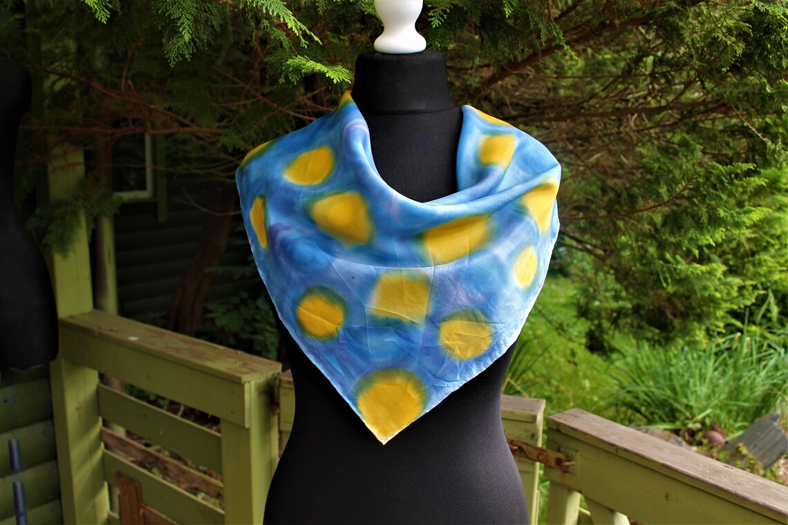 Blue Yellow Silk Scarf Vintage Hand Dyed Abstract Women Summer - Etsy