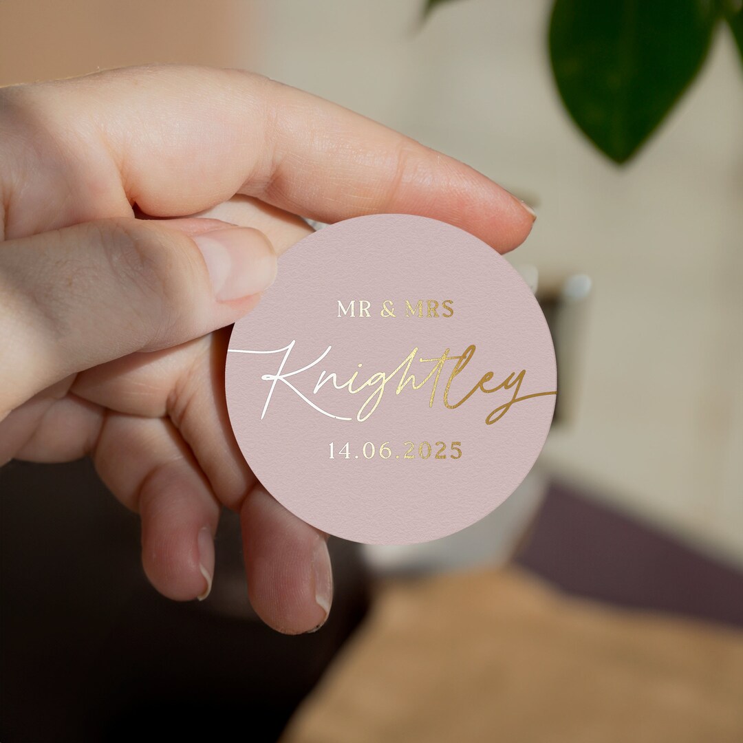 Personalised Blush and Gold Foil Wedding Stickers, Custom Foiled ...