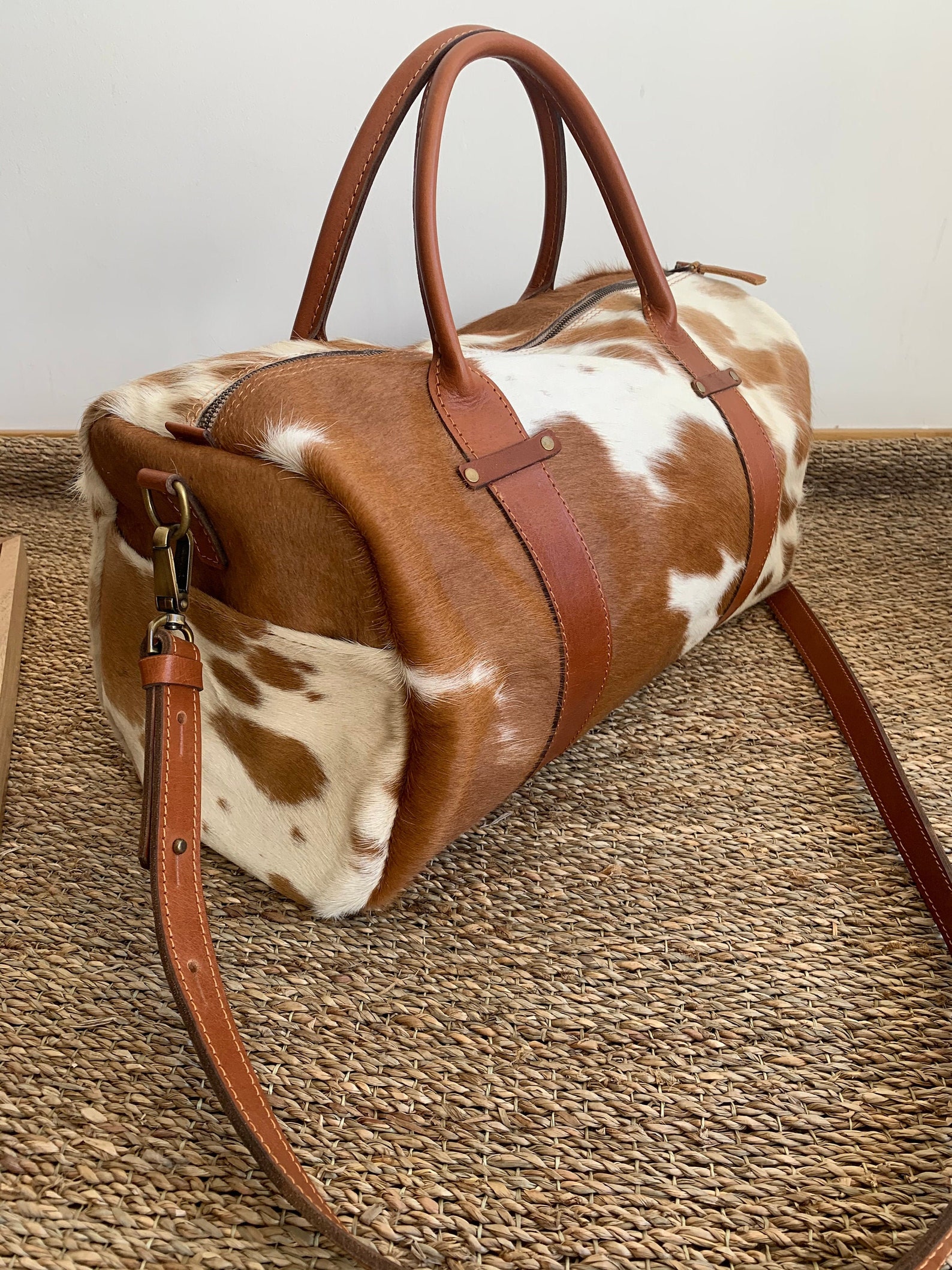Handmade Leather Duffle Bag Cowhide Travel Bag Handcrafted Etsy