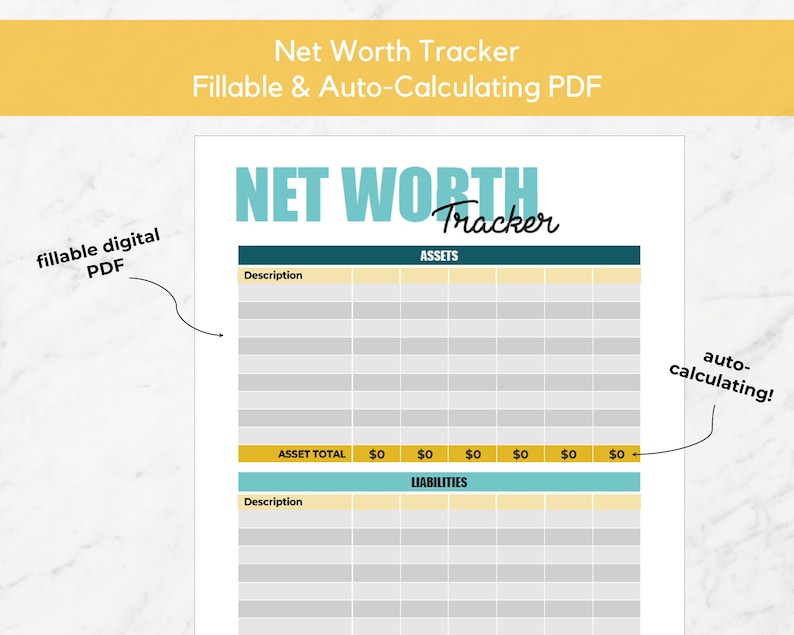 Net Worth Tracker | Fillable & Auto-calculating PDF - Etsy