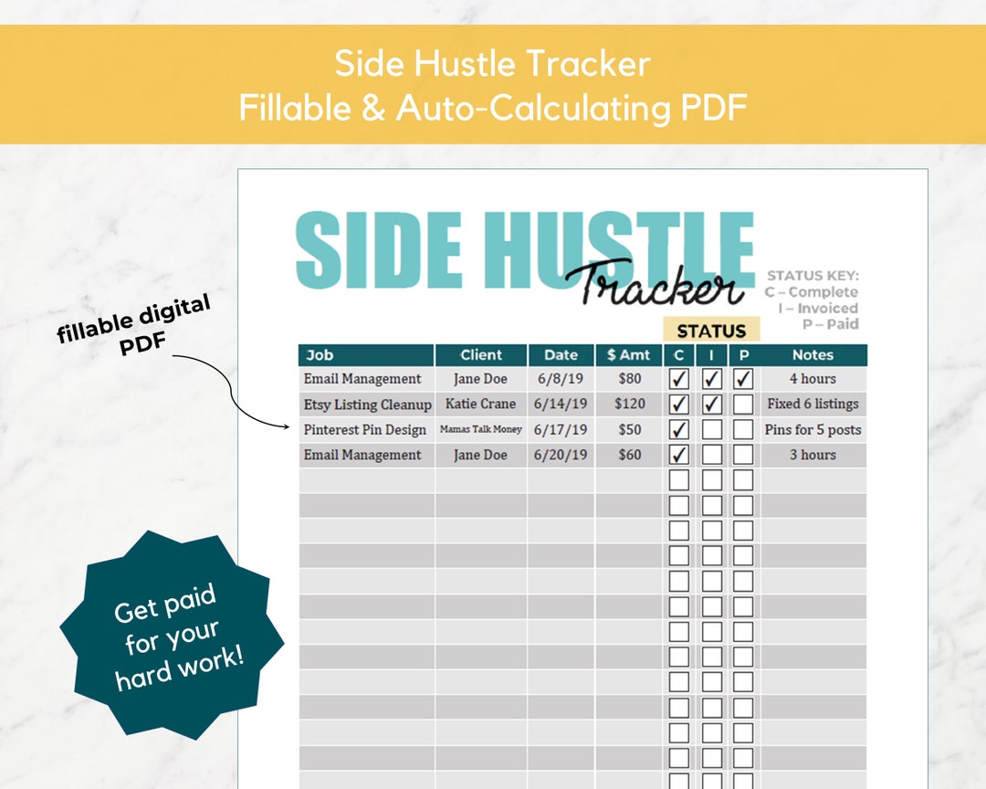 Side Hustle Income Tracker | Fillable & Auto-calculating PDF - Etsy