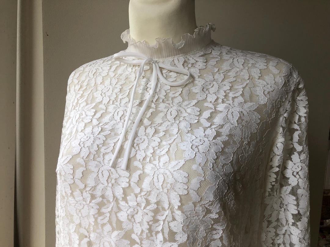 Vintage 60s Sheer White Lace Blouse. Back Buttoned Long Sleeve Retro ...