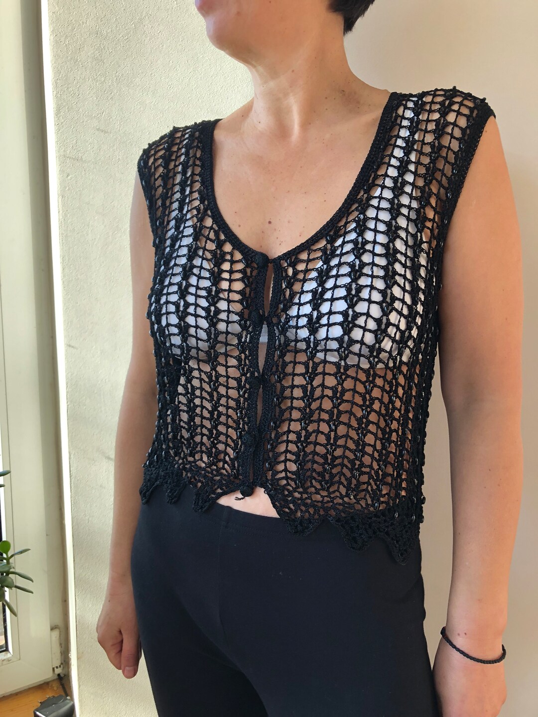 Black Crochet Beaded Top. Transparent Sleeveless Top. - Etsy