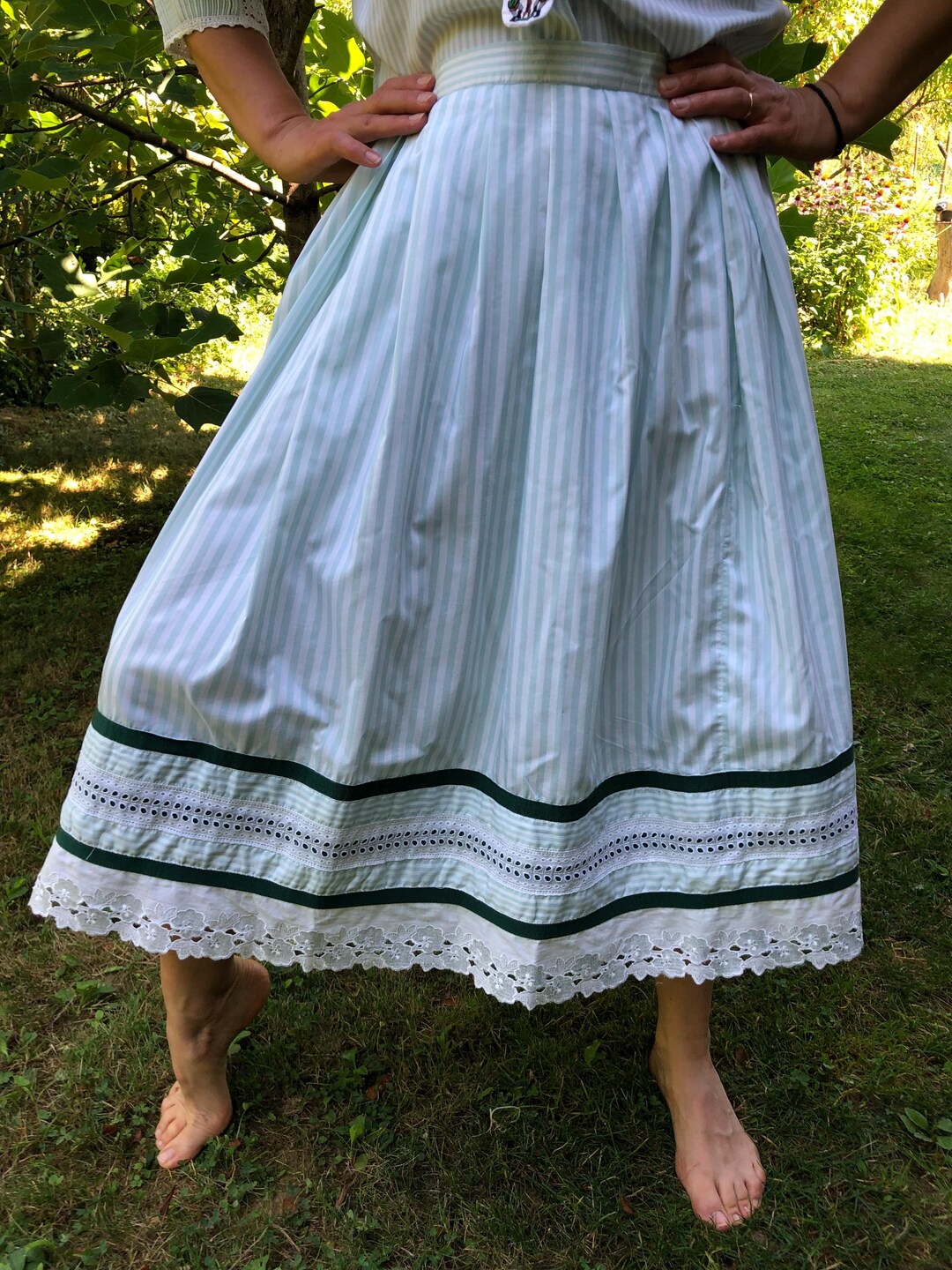 Vintage 80s Trachten Style Skirt. L Size White Green Striped Folk Style ...