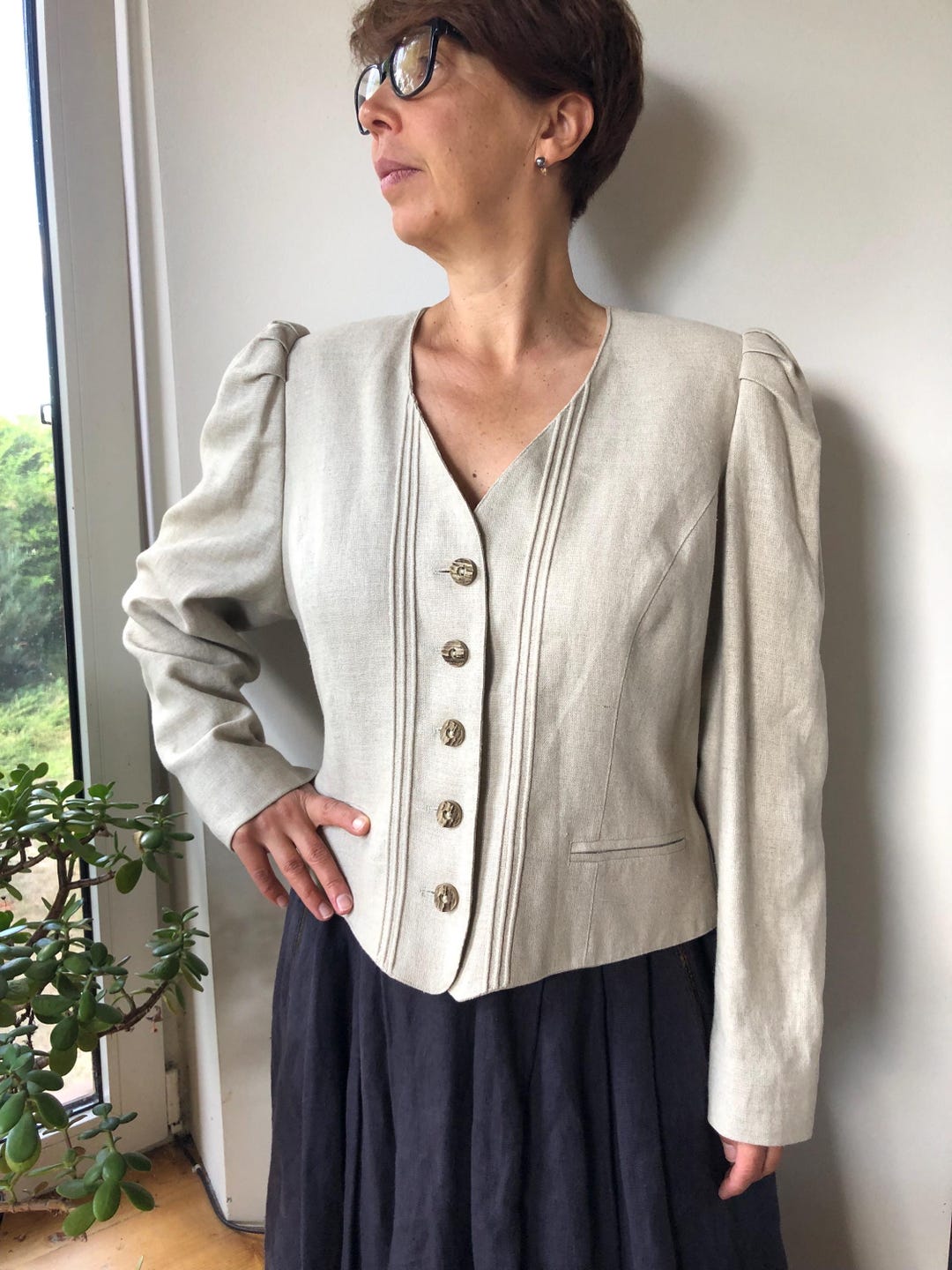 Vintage 90s Austrian Trachten Style Blazer. Beige Linen Puffy Sleeve ...
