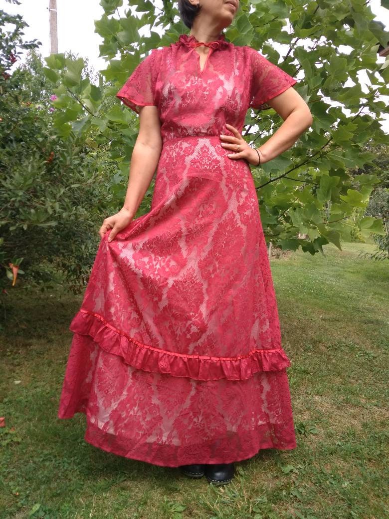 Vintage 70s Red Lace Lined Prairie Style Maxi Dress With Tie - Etsy