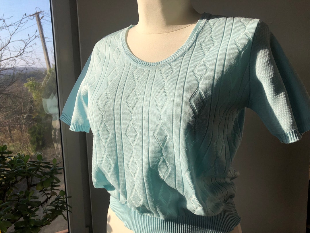 Vintage 60s Short Sleeve Crimplene T-shirt. Light Blue Knot Blouse. M ...