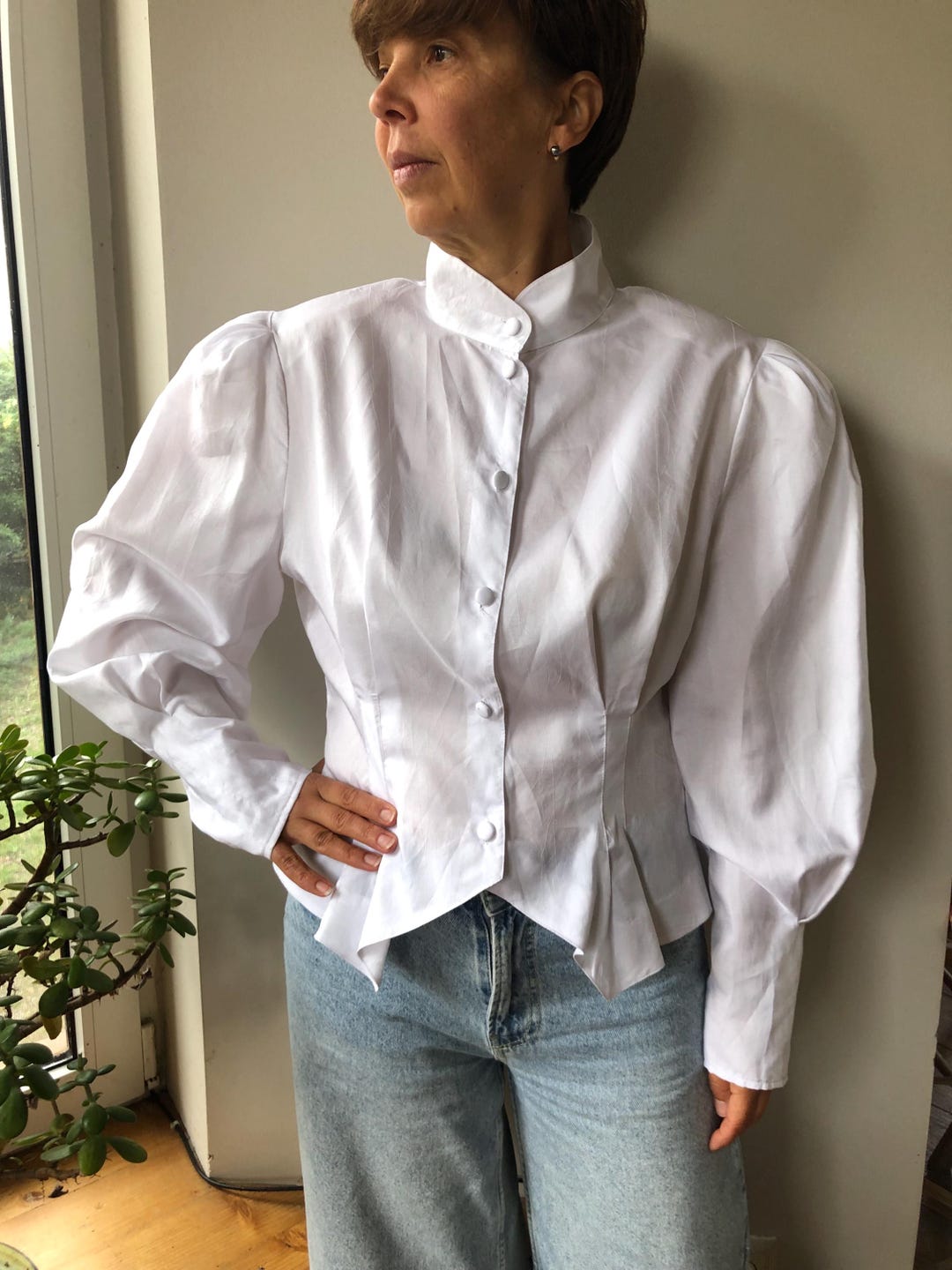 Vintage 80s Mutton Sleeve White Blouse. Vera Mont Stand up Collar Puff ...