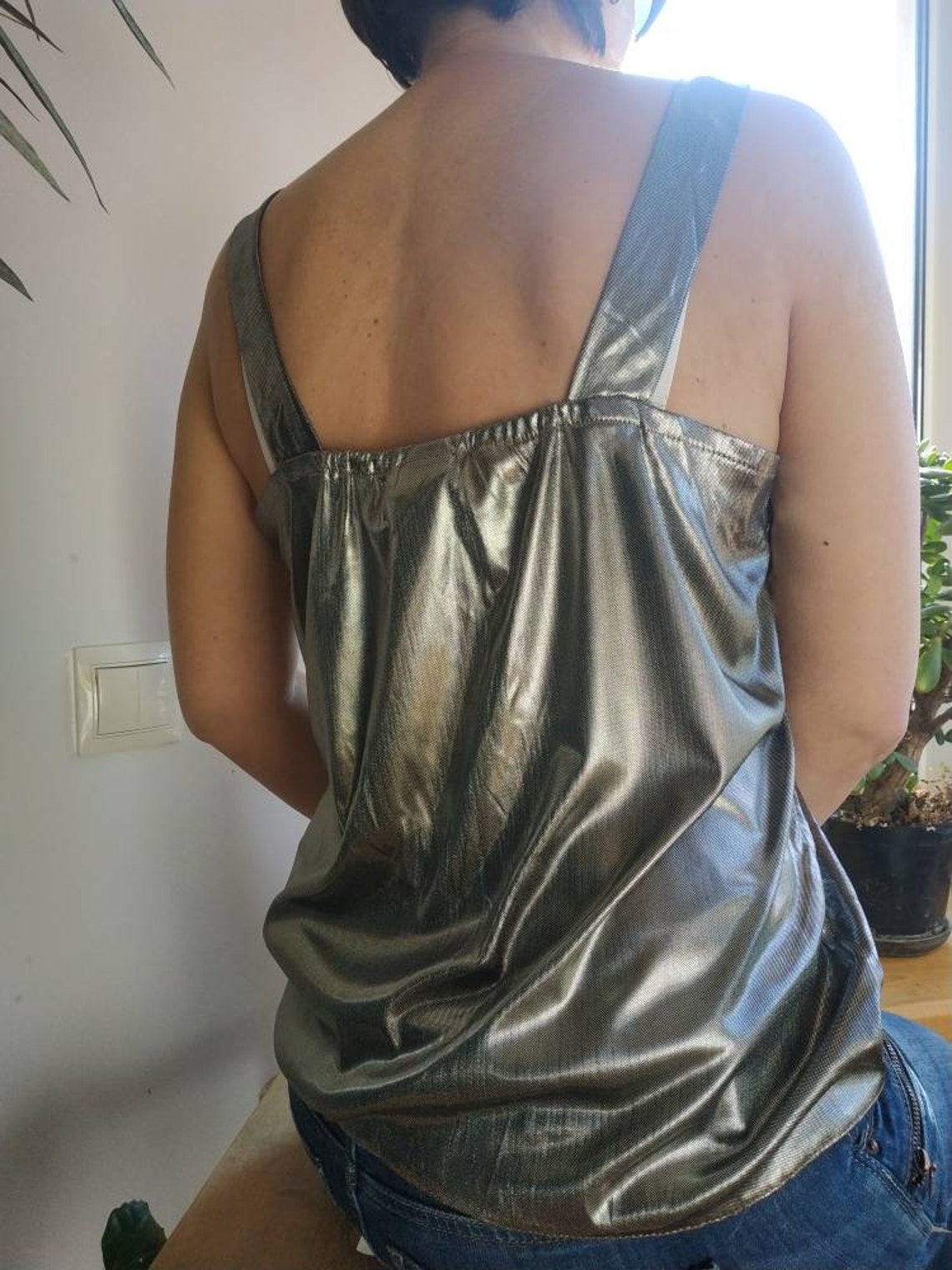 Vintage 80s Metallic Top. Shiny Silver Strapped Top. L Size - Etsy