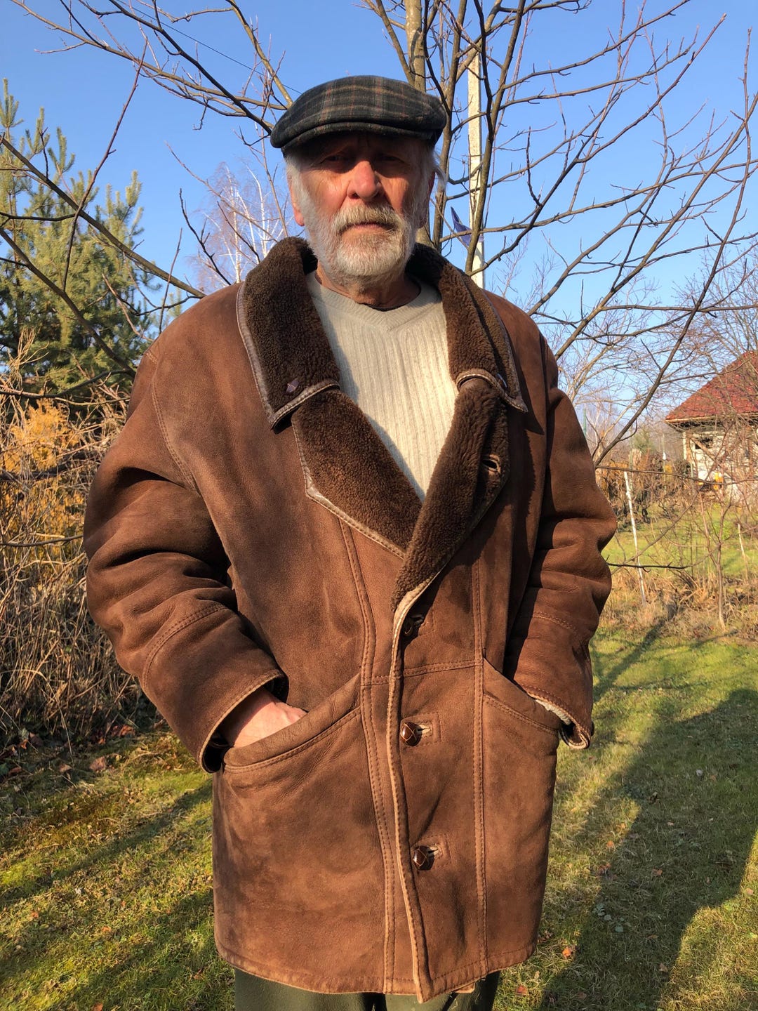 Vintage 90s Brown Men's Shearing Coat. Large Size Sheepskin Coat ...