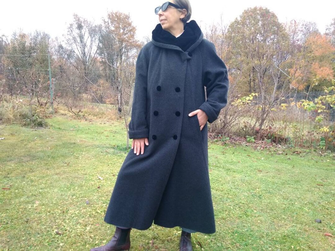 Vintage 80s Austrian Grey Double Breasted Overcoat With Black Velvet ...