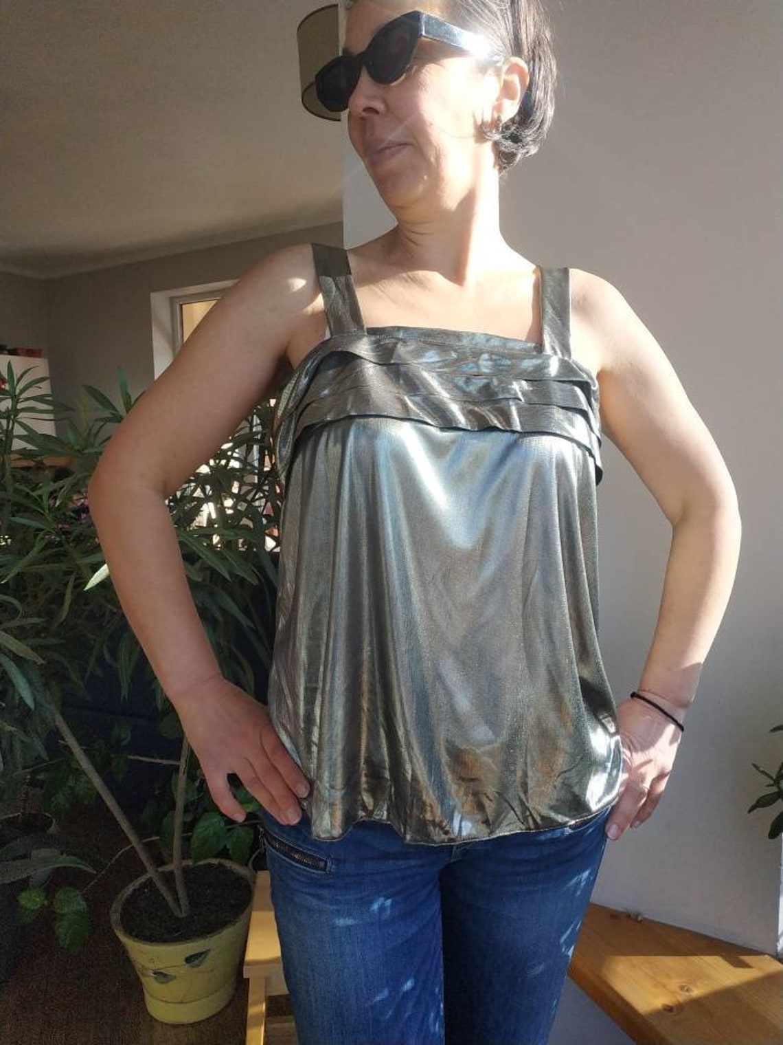 Vintage 80s Metallic Top. Shiny Silver Strapped Top. L Size - Etsy