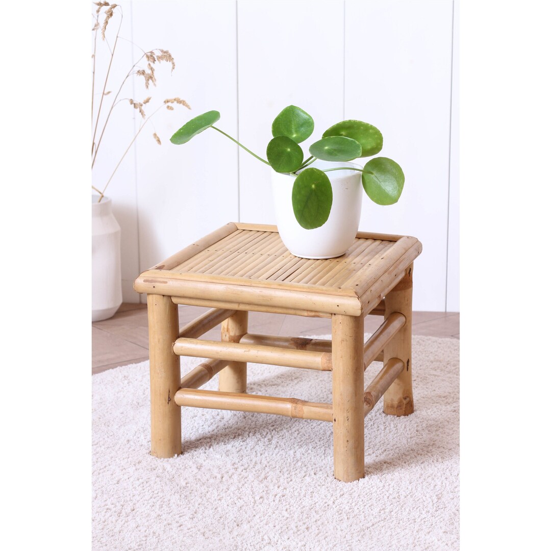 Vintage Rattan Stool Coffee Table, Flower Table Vintage Bamboo Side Table Boho Living Room ...