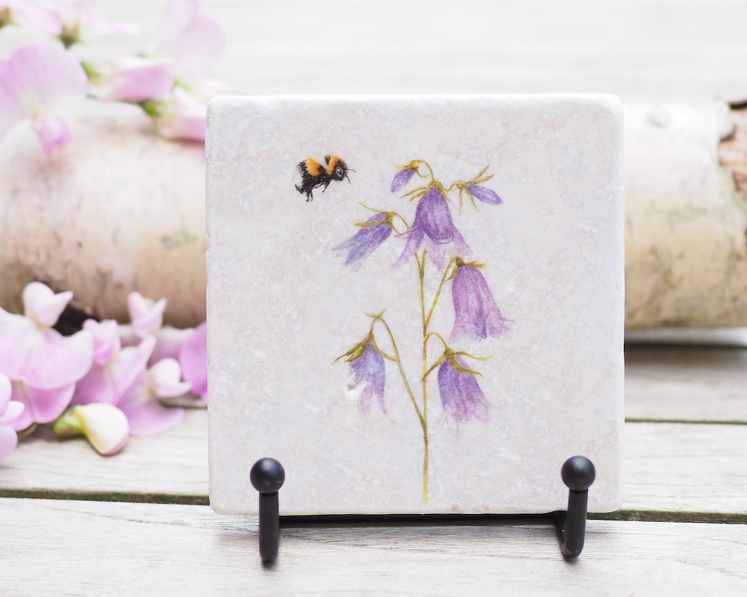 Tile bellflower and Bumblebee / Decorative Tile / Handmade / Bright ...