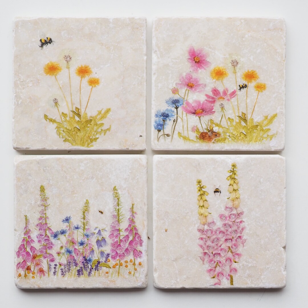 Set of 4 Tiles meadow Magic / Decorative Tile / / Vintage / Handmade ...