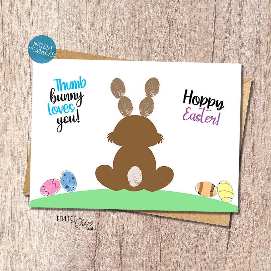 Printable Easter Card, Easter Bunny Thumbprint Craft, Fingerprint Art ...
