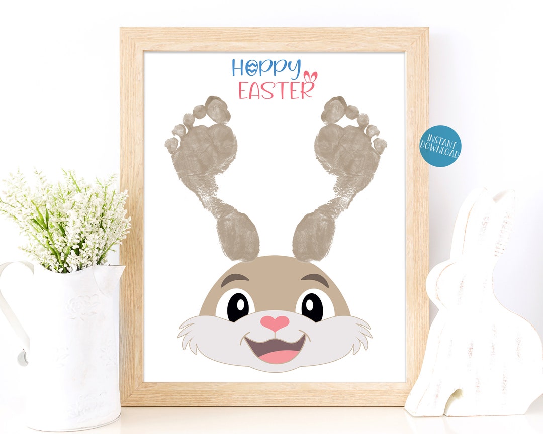 Bunny Ears Footprint Art, Hoppy Easter Card, Easter Bunny Footprint ...