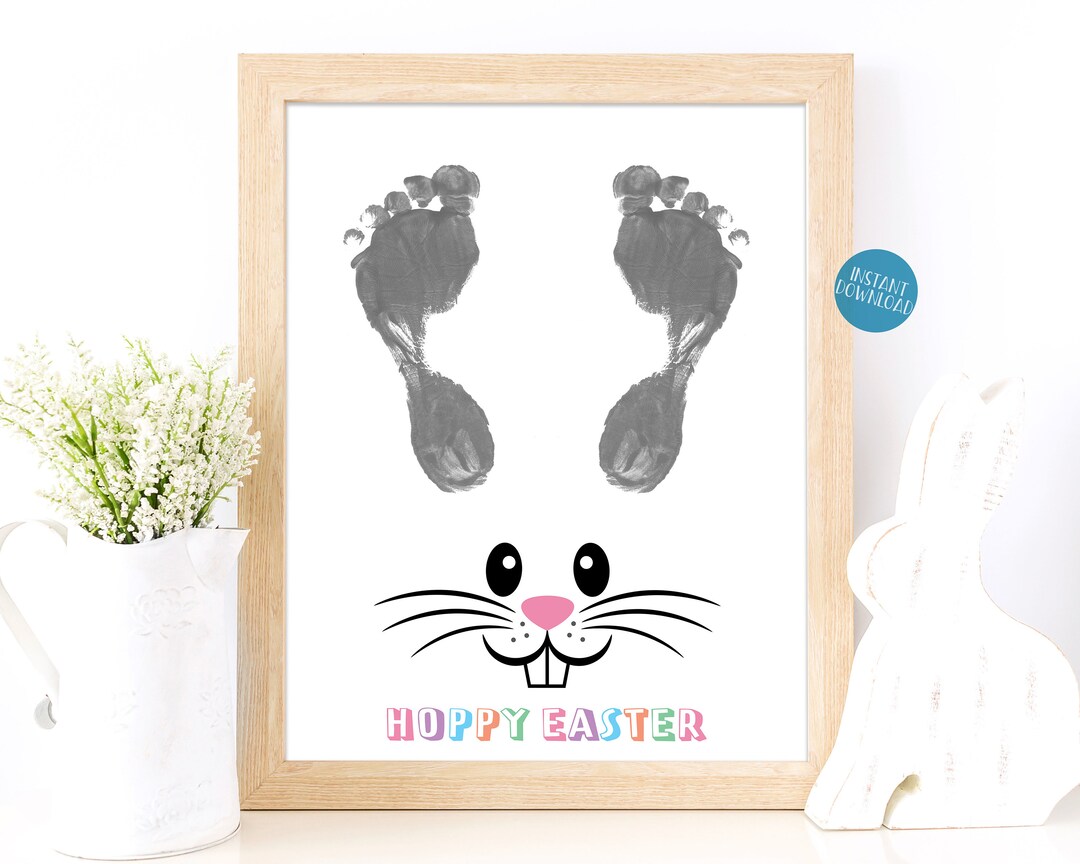 Hoppy Easter Bunny Footprint Art, Happy Easter Card, Bunny Ears ...