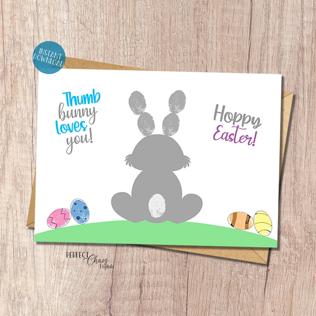 Printable Easter Card, Easter Bunny Thumbprint Craft, Fingerprint Art ...