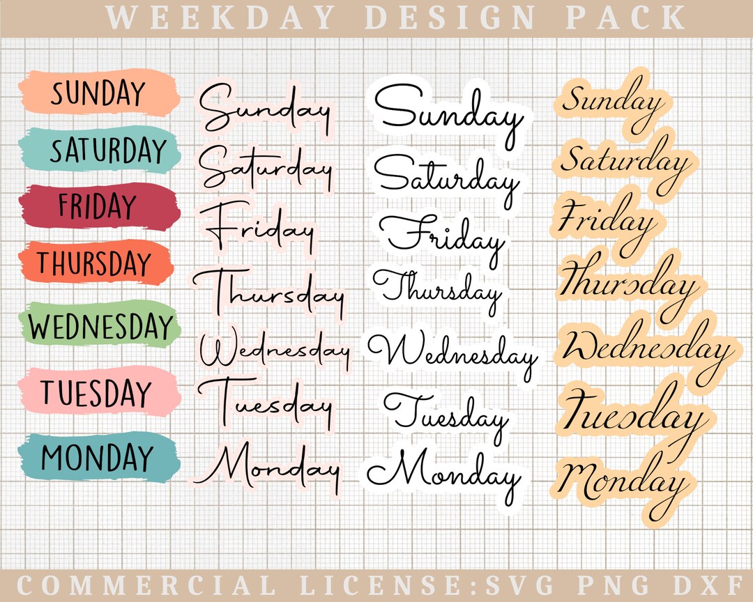 Weekday Digital Stickers, Weedday Svg Png Dxf, Get Organized and ...