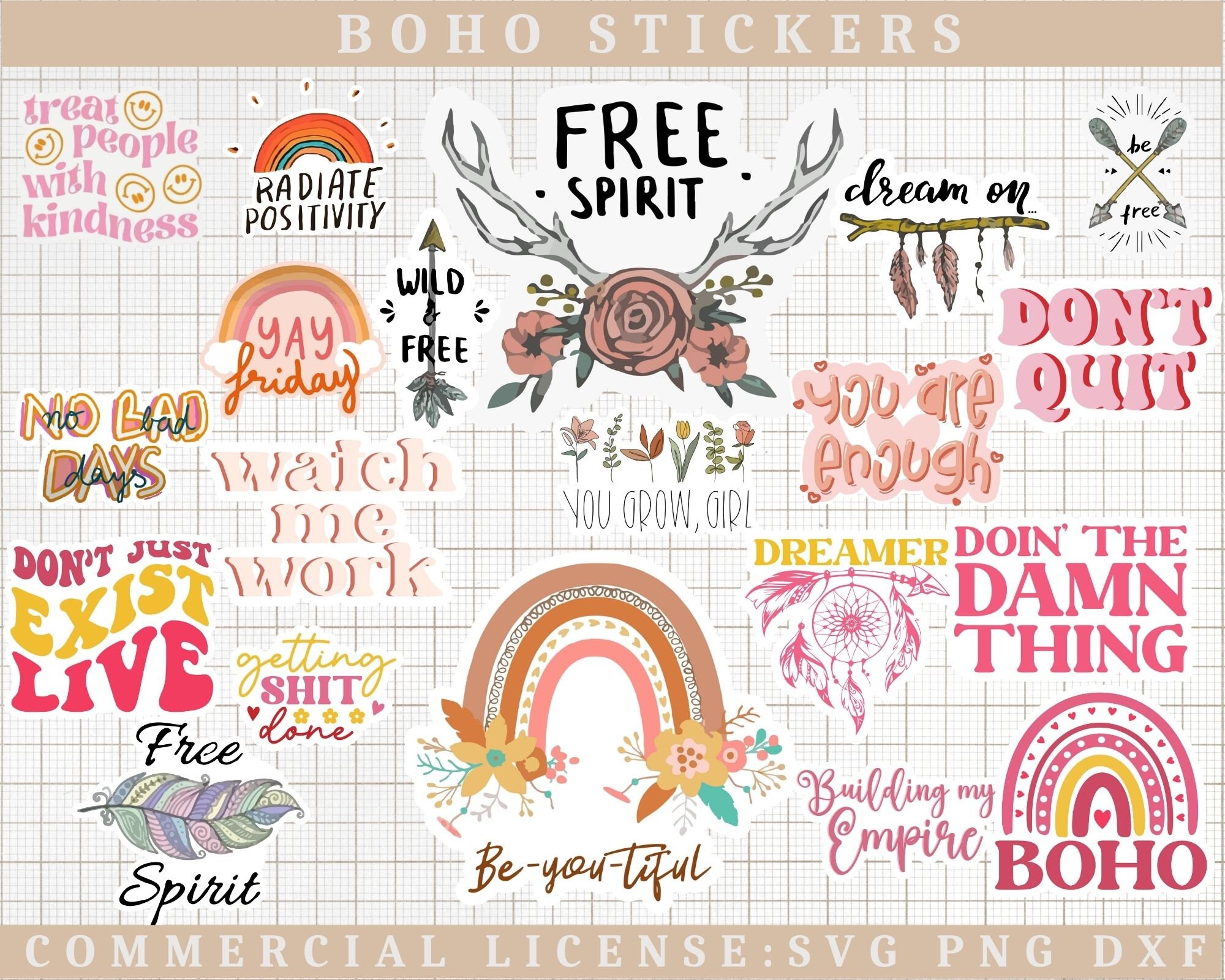 Boho Motivational Stickers Svg Png Bundle, Printable Stickers, Positive ...