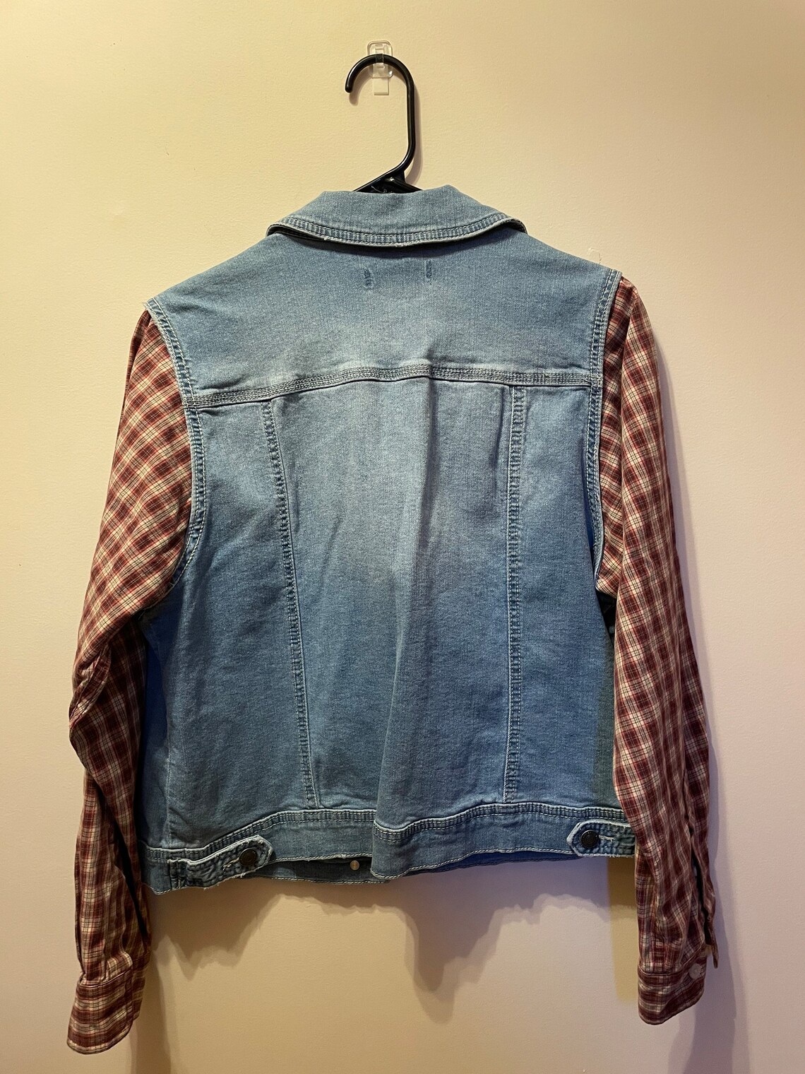 Upcycled Denim Jacket With Flannel Sleeves - Etsy