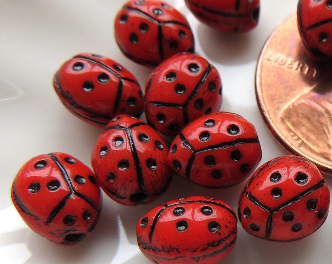 Ladybug Beads, Red Opaque With Black Wash Inlay, Czech Glass 5 X 7 Mm ...