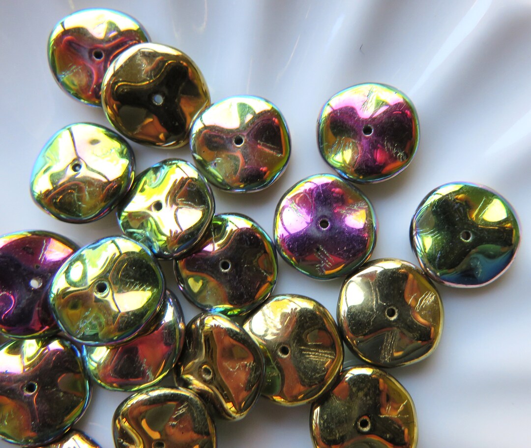 Gold, Pink, Green Metallic Wavy Ripple Disk Beads, Czech Wavy Rondelle ...