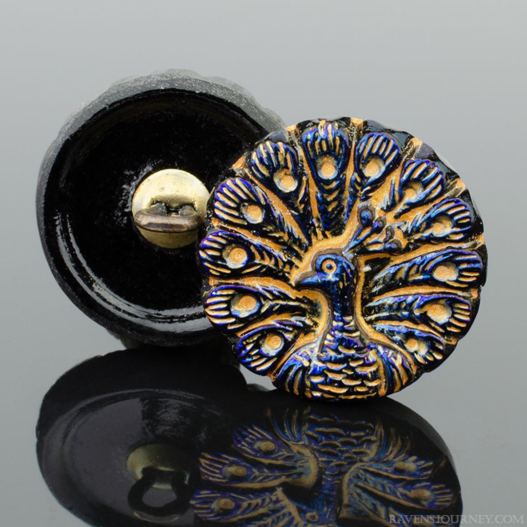 Navy Blue Luster Glass With Gold Wash, Round Peacock, Czech 18 Mm Glass ...