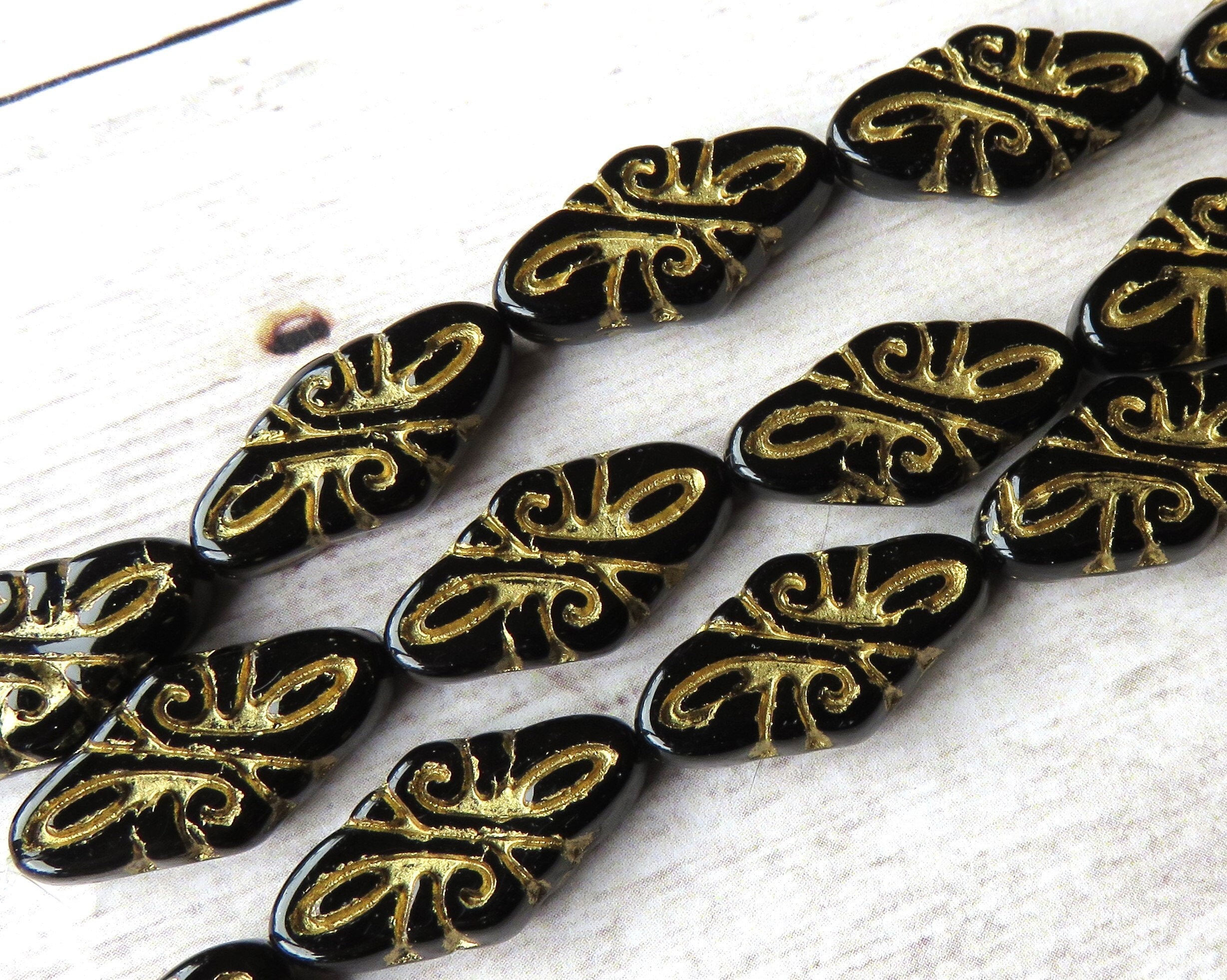 Jet Black Opaque Glass With Gold Wash, Czech Arabesque Beads, 19 Mm by ...