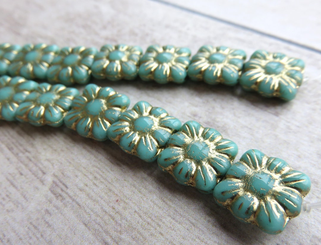 Opaque Turquoise Blue Glass With Gold Wash Czech Zinnia Flower, 9 Mm ...