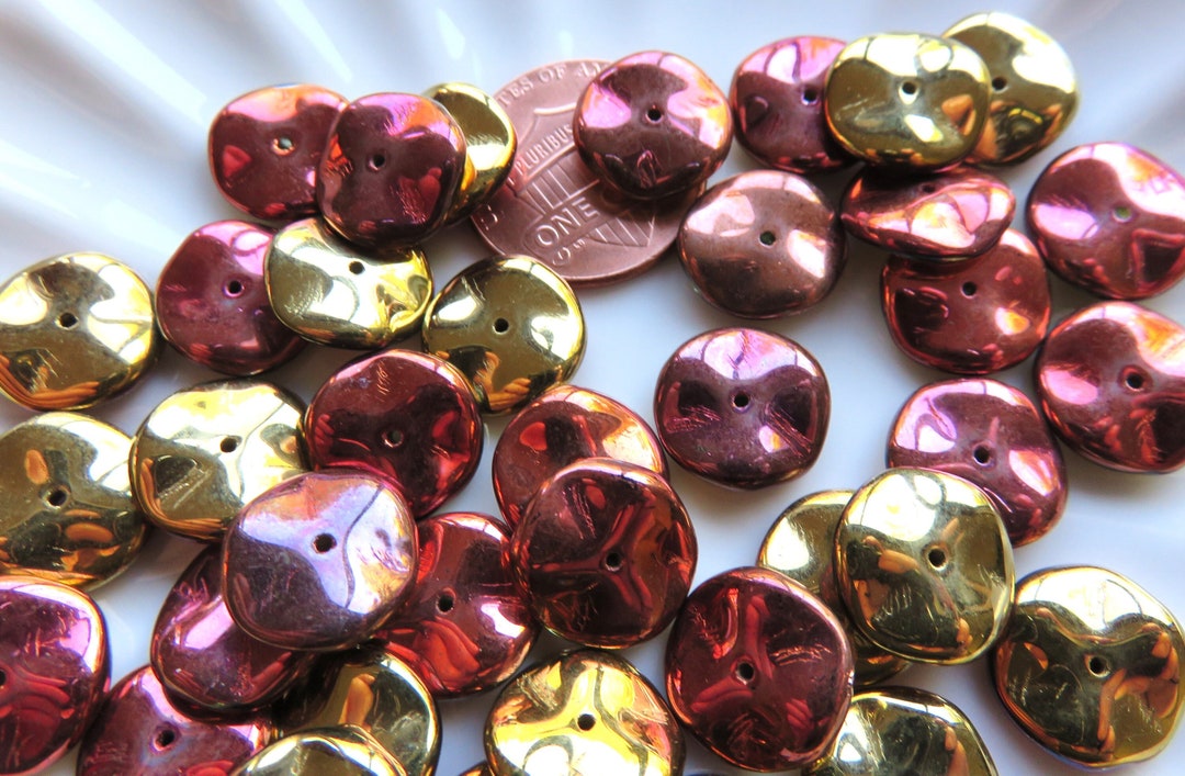 Metallic Gold and California Gold Rush Deep Pink Wavy Ripple Disk Beads ...