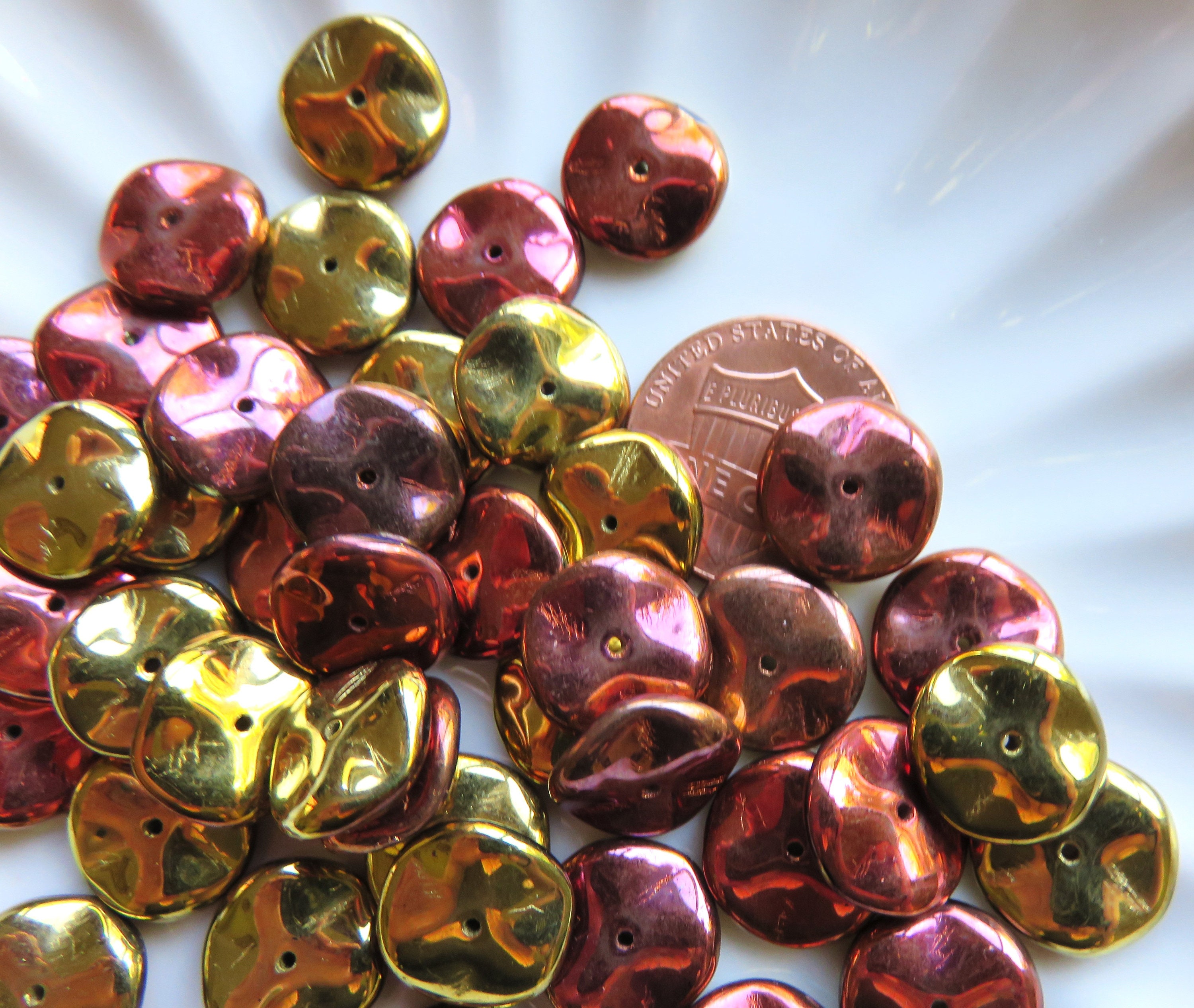 Metallic Gold and California Gold Rush Deep Pink Wavy Ripple Disk Beads ...