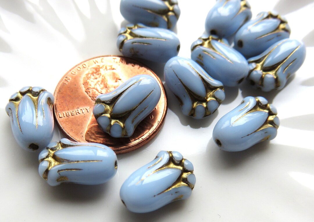 Light Sky Blue Opaque Glass With Gold Wash, Czech Lily Bud, Tulip ...