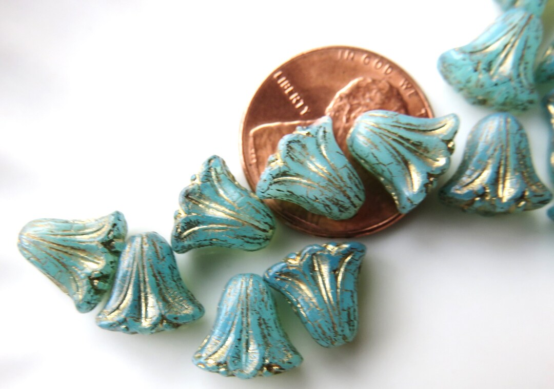 Aqua Blue Opaline Transparent Glass With Gold Wash, Czech Lily Flower ...
