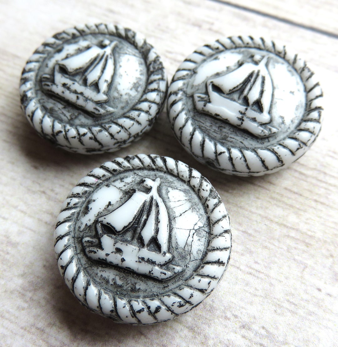 White Alabaster Opaque Glass With Black Wash, Czech Sail Boat Coin ...