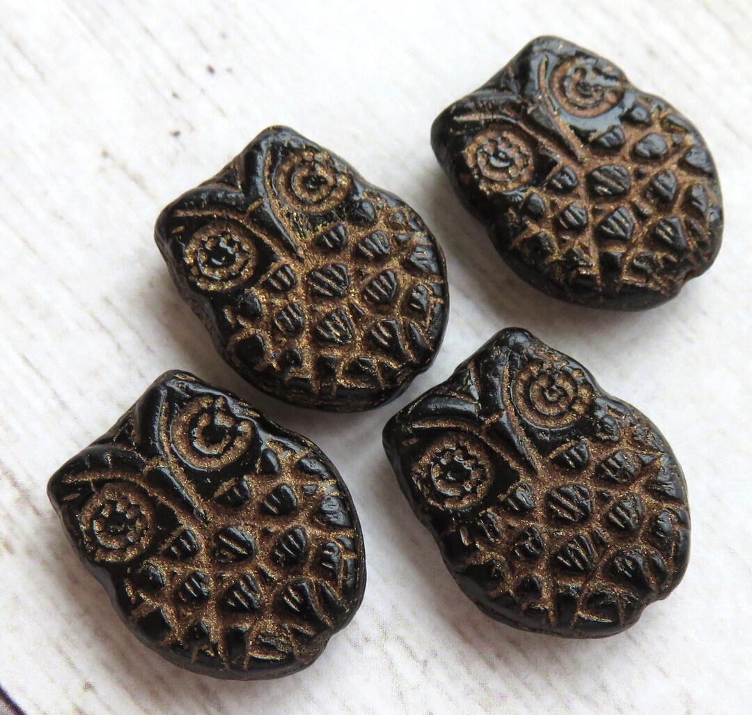Jet Black Opaque Glass With Dark Bronze Wash, Czech Horned Owl Beads ...