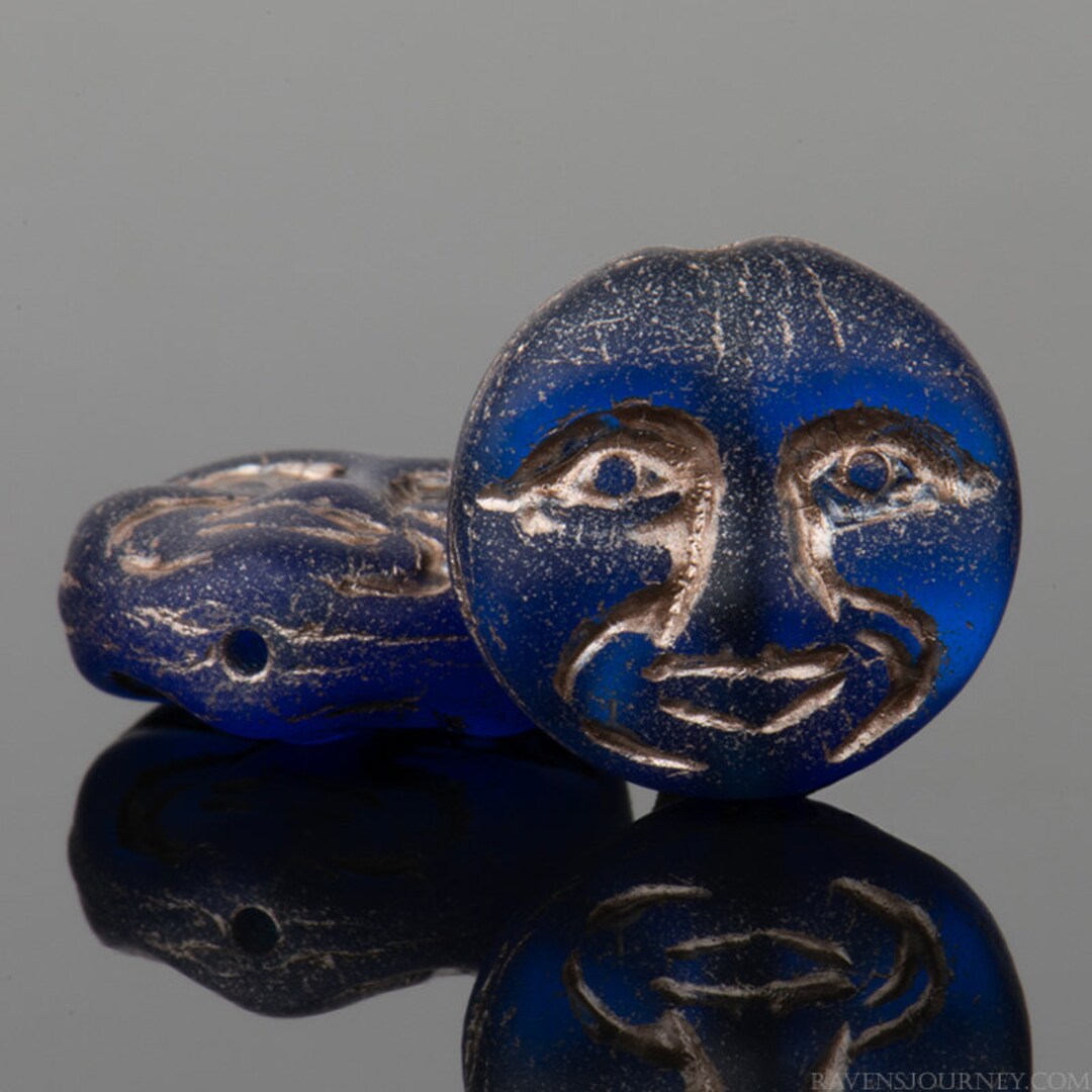Matte Cobalt Blue Transparent Glass With Platinum Wash, Czech Moon Face ...