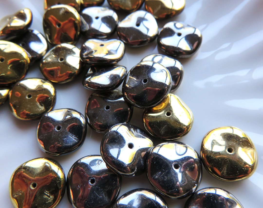 Graphite Metallic Dark Silver and Gold Wavy Ripple Disk Beads, Czech ...