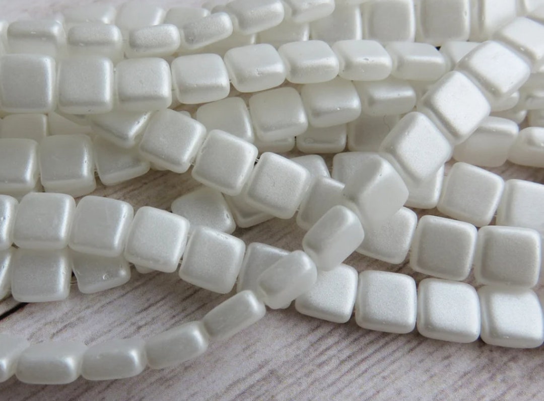Snow White Pearl Glass Bead, Czech 2 Hole Tile, 6 Mm Beads, 25 Beads ...
